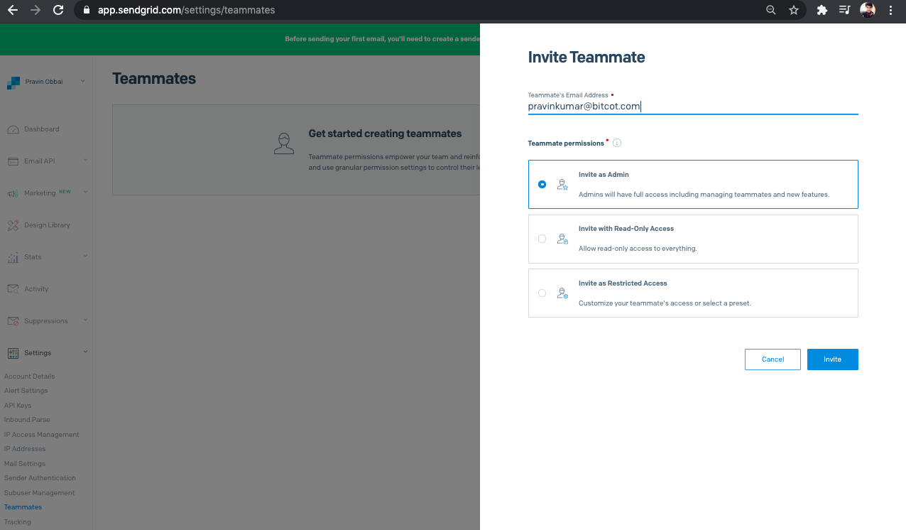 Creating A Teammate And Domain Authentication In Sendgrid Account 